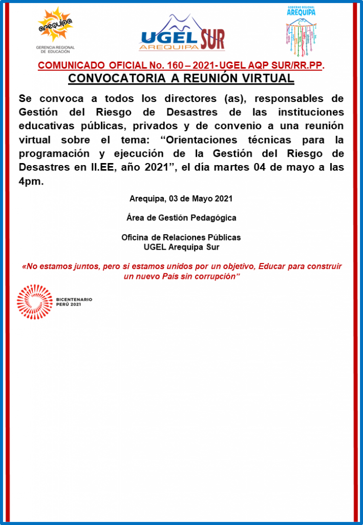 CONVOCATORIA A REUNIÓN VIRTUAL PARA TODOS LOS DIRECTORES DE LA JURISDICCIÓN
